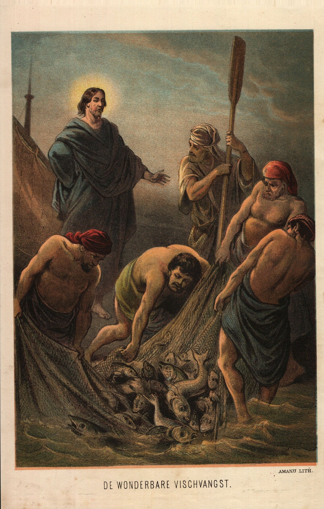 1885, Jesus, the Miraculous Catch of Fish, Bible Lithograph, Antique ...