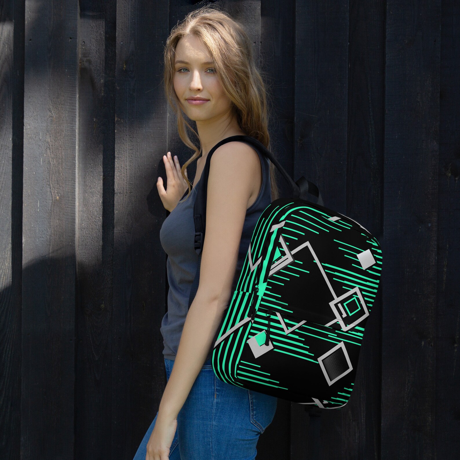 Futuristic Mint Green Back to School Backpack, Grid Pattern Graphic ...