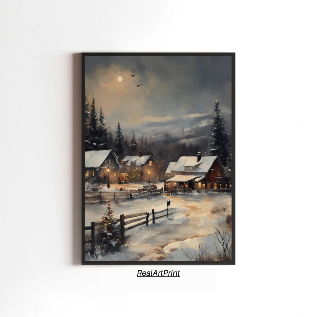 Vintage Christmas Village Painting PRINTABLE Art | Rustic Festive Wall ...