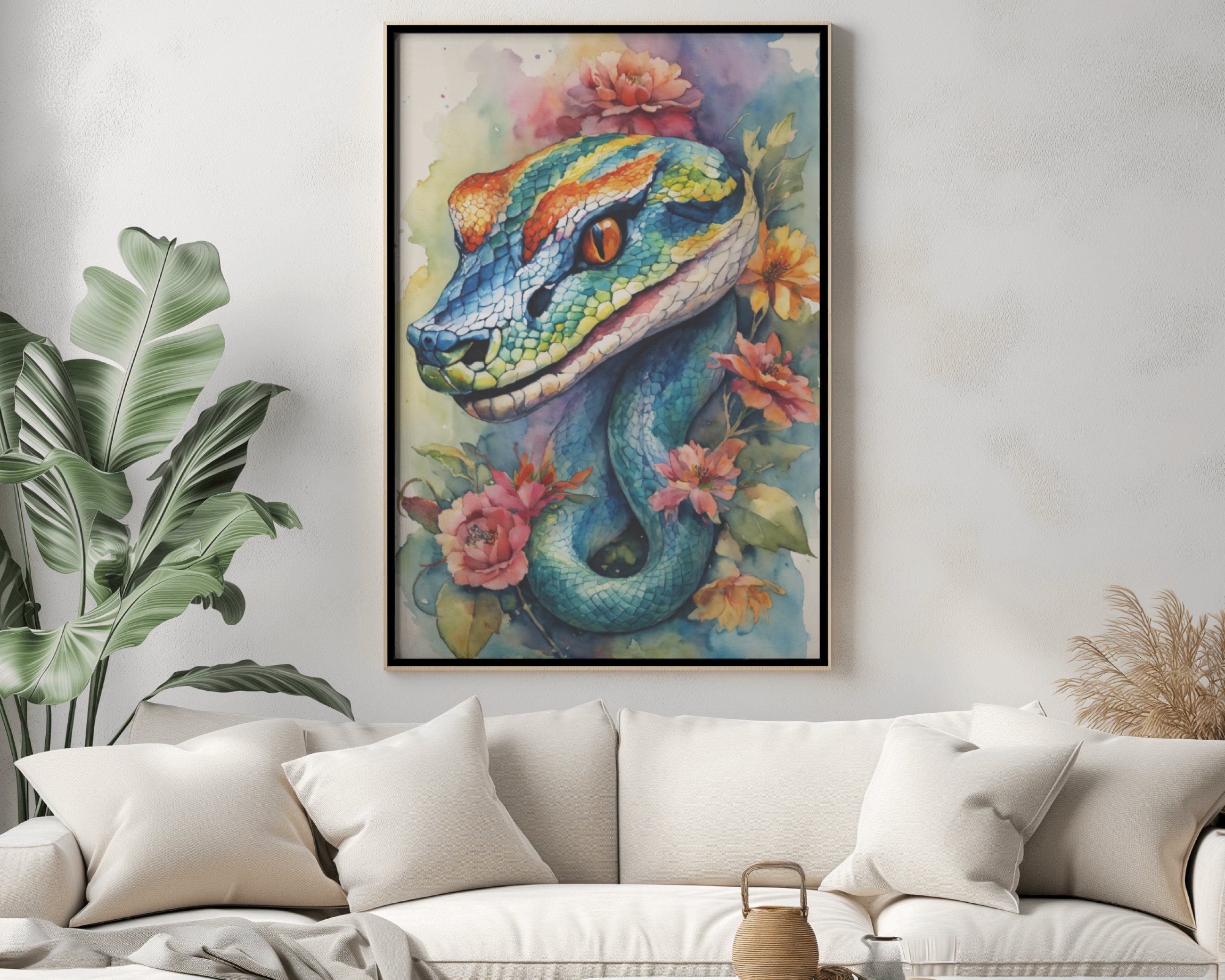 Colorful Snake Watercolor Art Print Vibrant Floral Serpent Digital ...