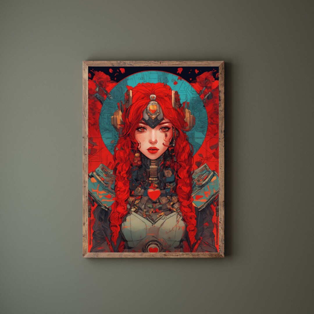 Fiery Red-haired Samurai Cyborg Girl Cyberpunk Anime Style Digital Art ...