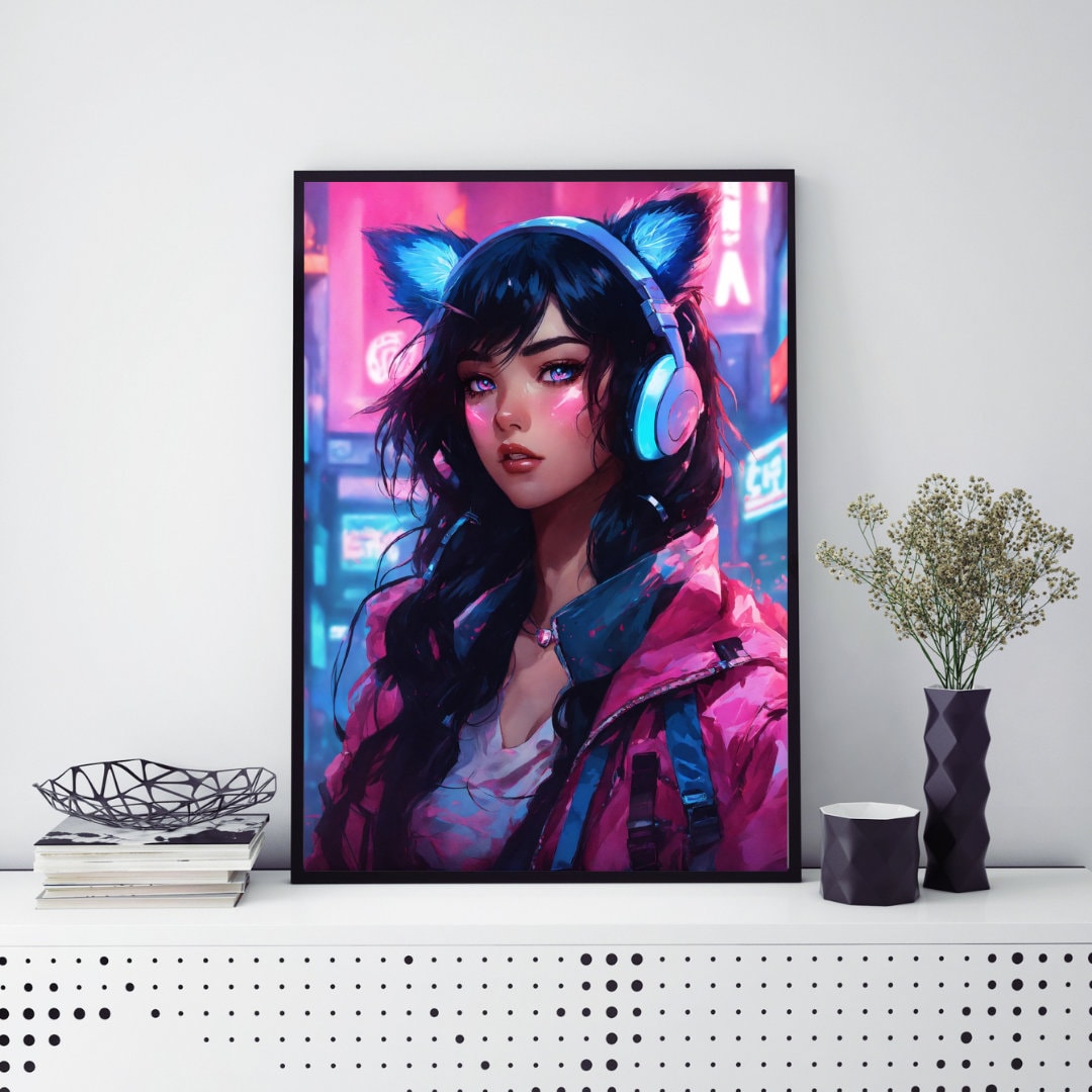 Neon Cyberpunk Anime Woman With Raccoon Ears Enigmatic Allure ...