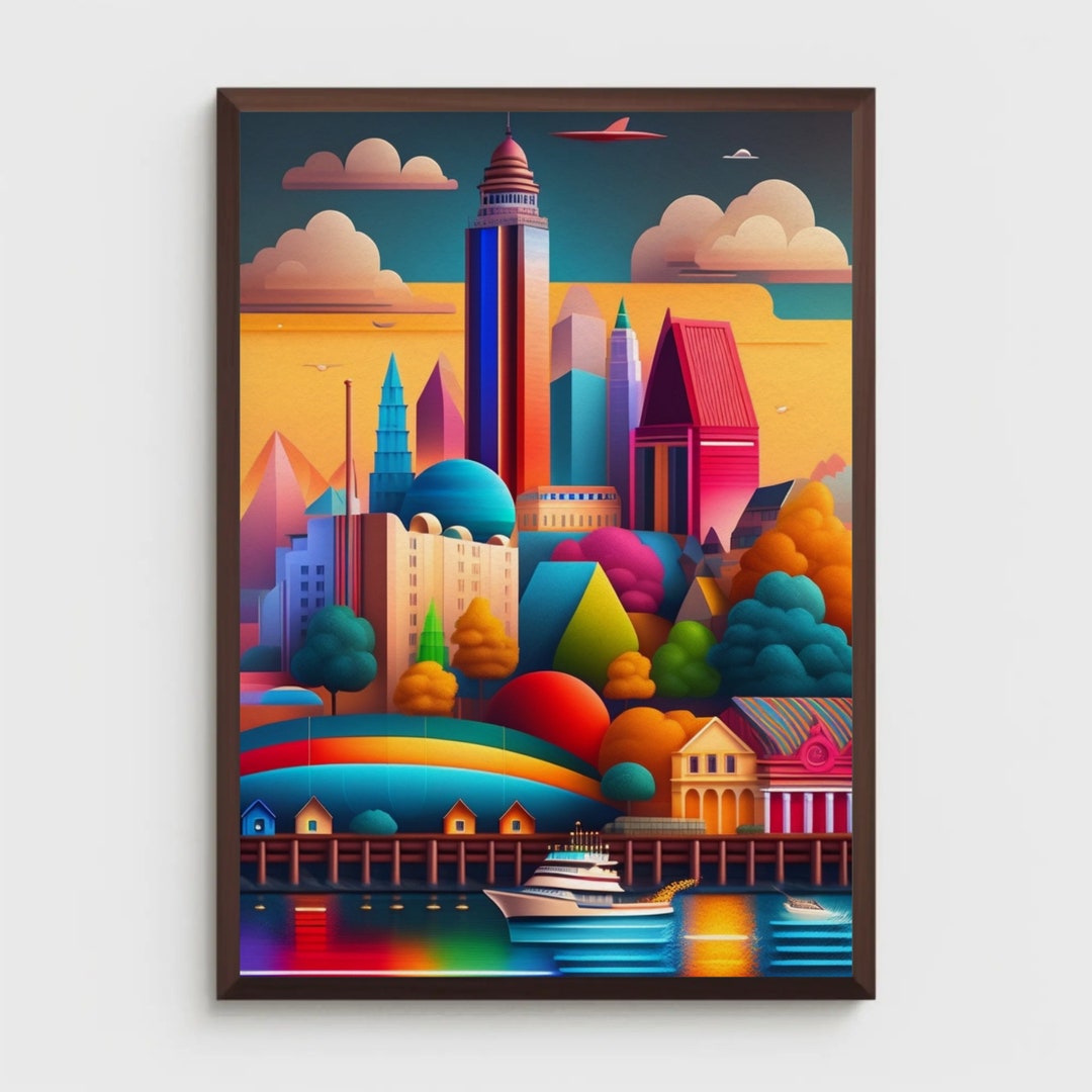 Colorful Cityscape Art Print | Retro Urban Digital Artwork | Vibrant ...