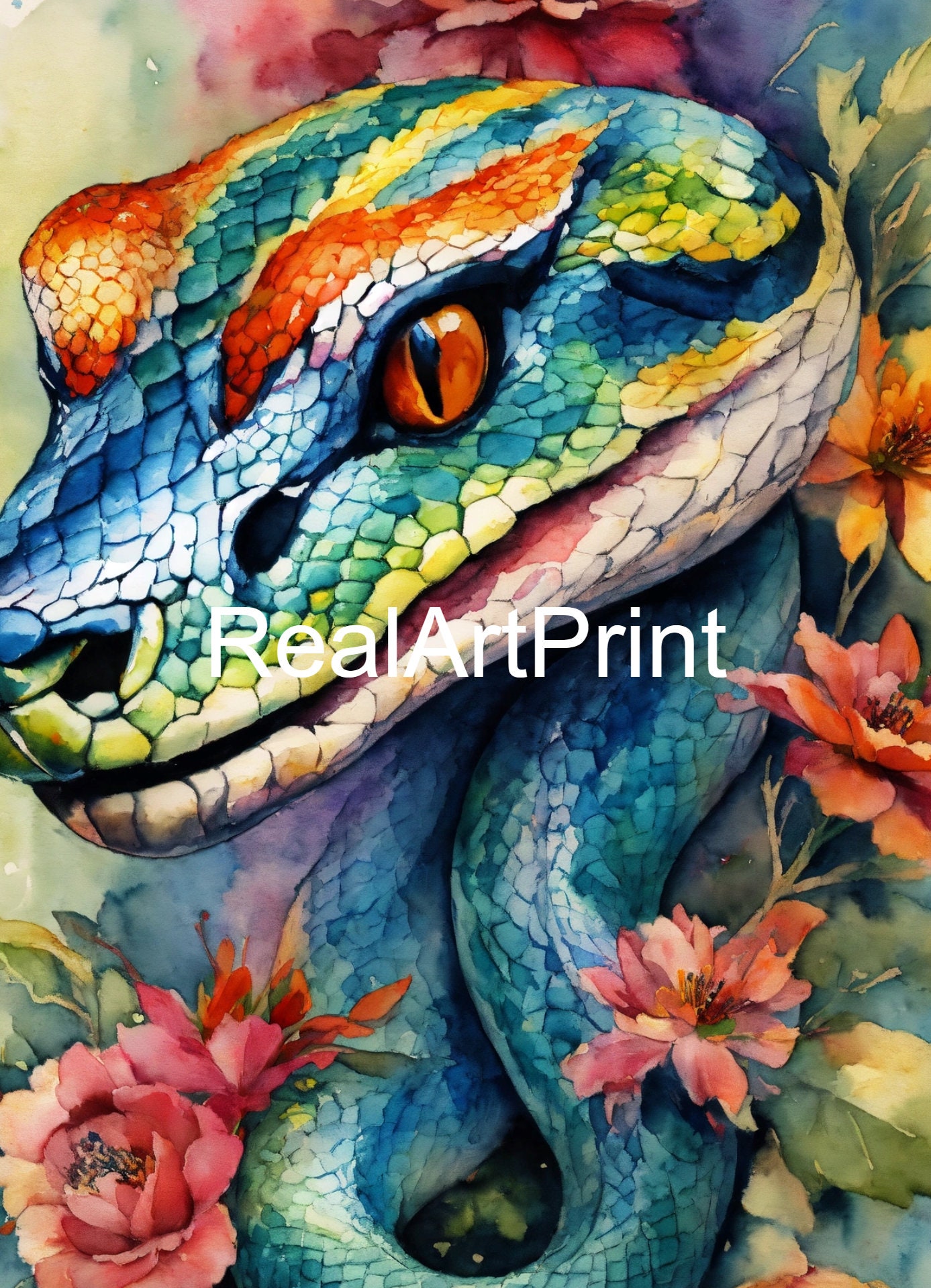 Watercolor Snake Art Print, Floral Details, Vibrant Colors, Nature ...
