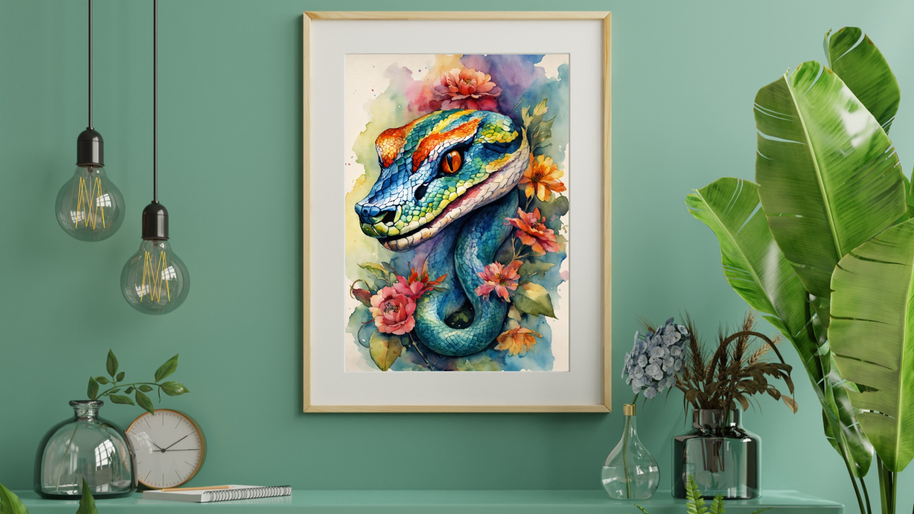 Colorful Snake Watercolor Art Print Vibrant Floral Serpent Digital ...