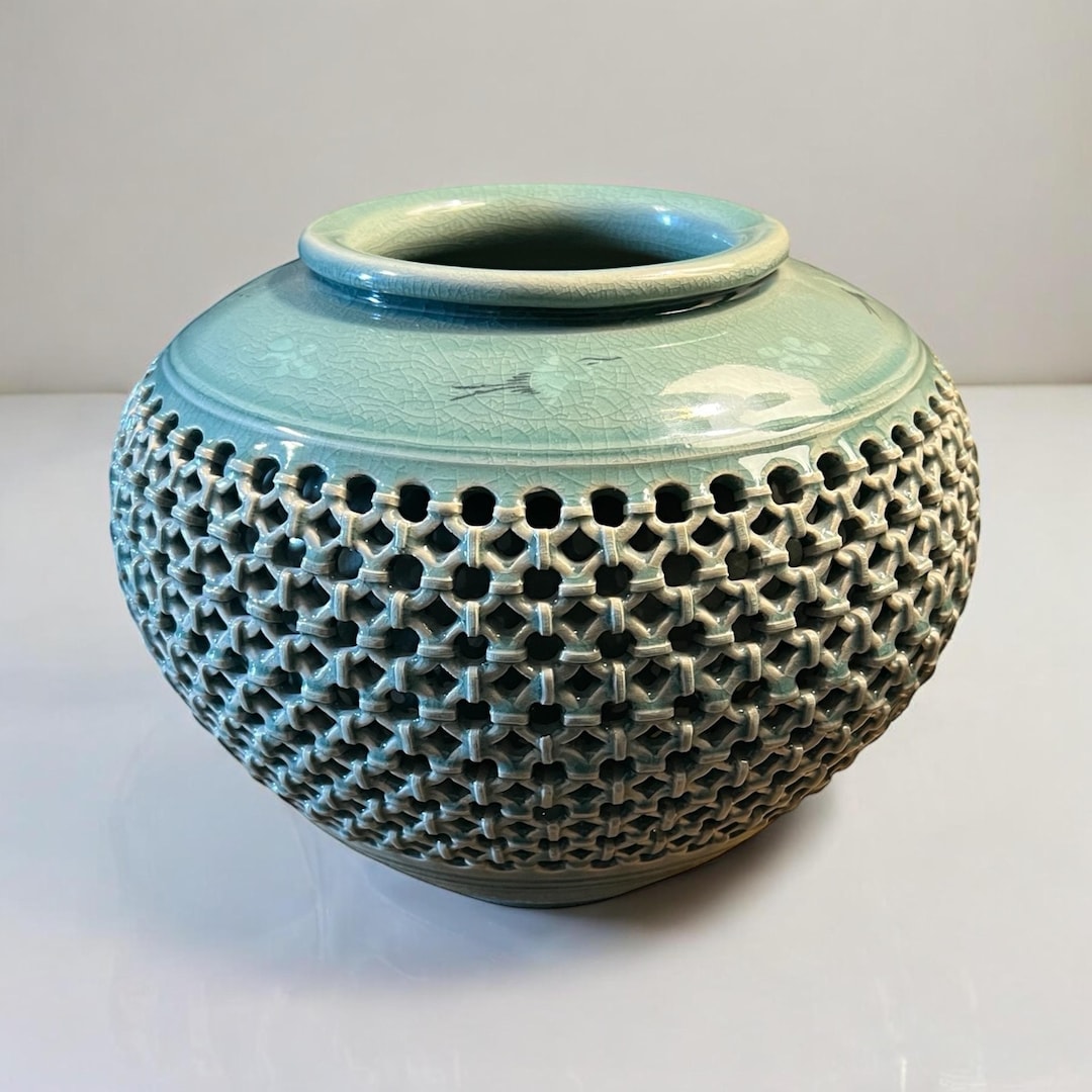 Exceptional Large & Highly Reticulated Korean Celadon Pot; 36" Around ...
