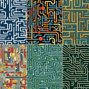 Abstract Circuit Maze Labyrinth Patterns Colorful Seamless Pack 1 - Etsy