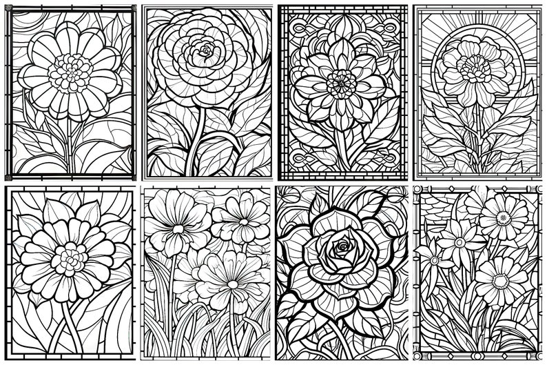 Stained Glass Coloring Pages Flower Theme - 40 Designs - Etsy