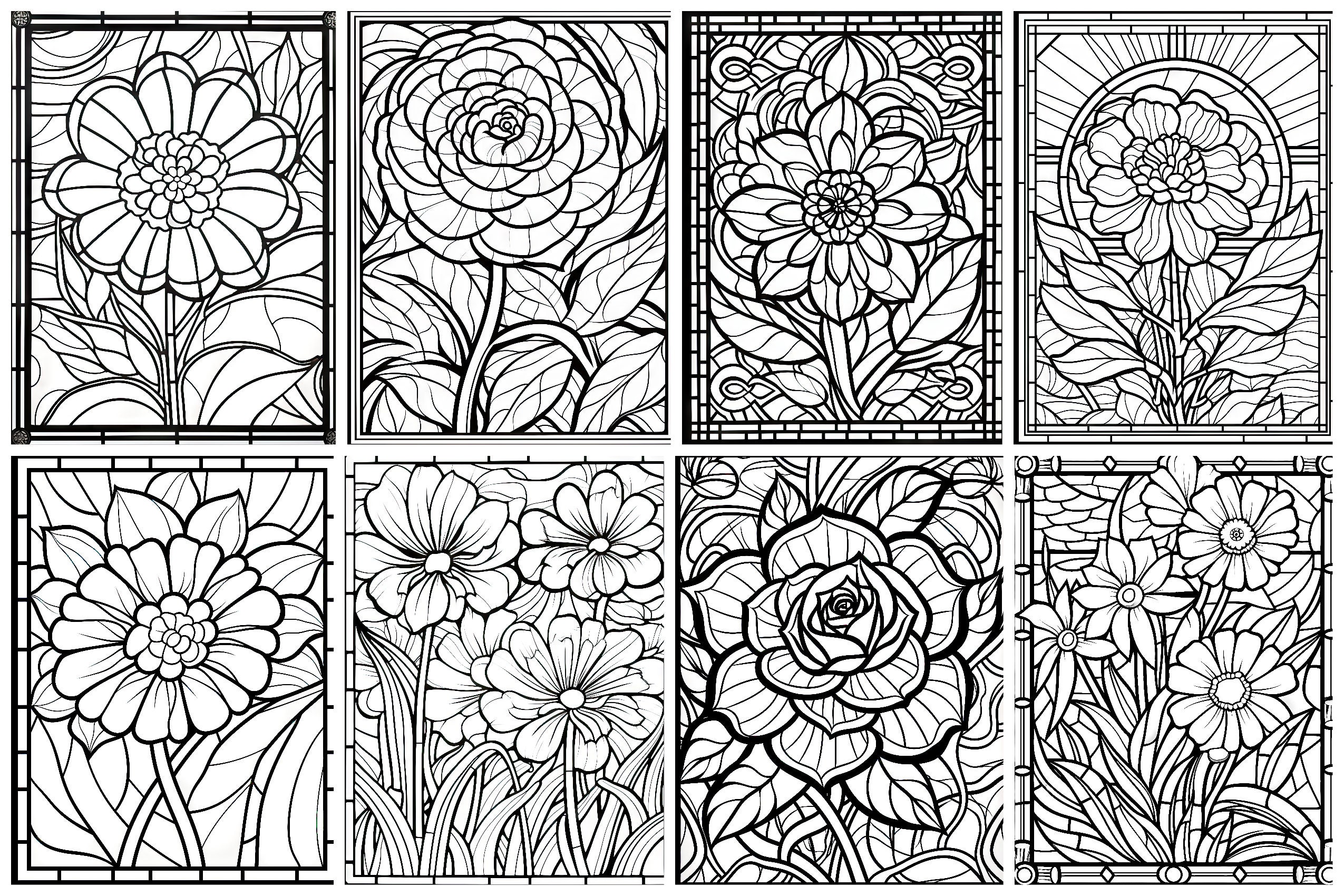 Stained Glass Coloring Pages Flower Theme - 40 Designs - Etsy