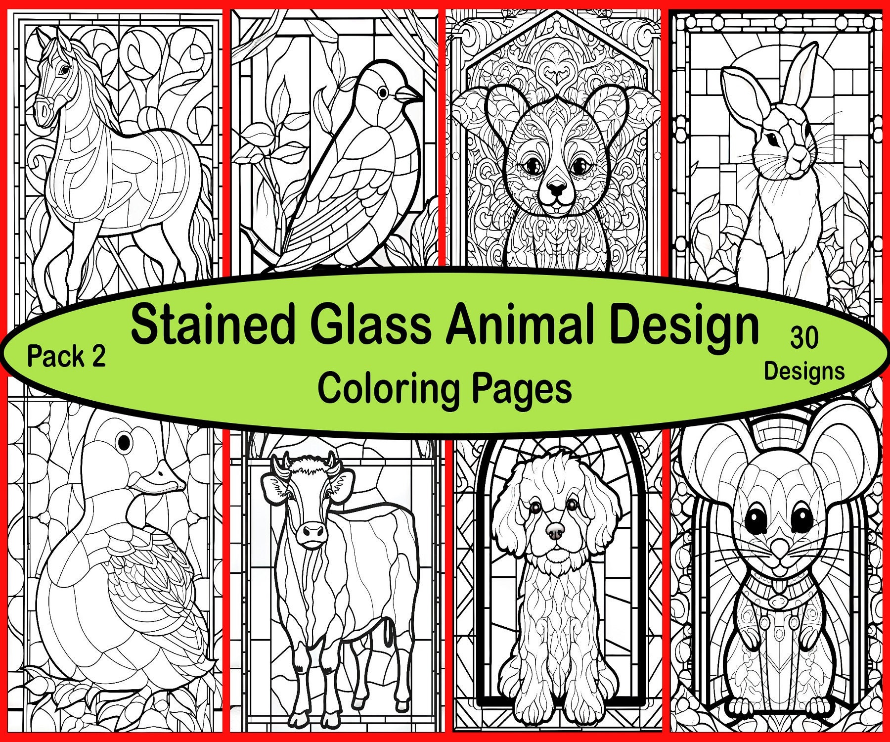 Stained Glass Coloring Pages Animal Theme - 30 Designs Pack2 - Etsy