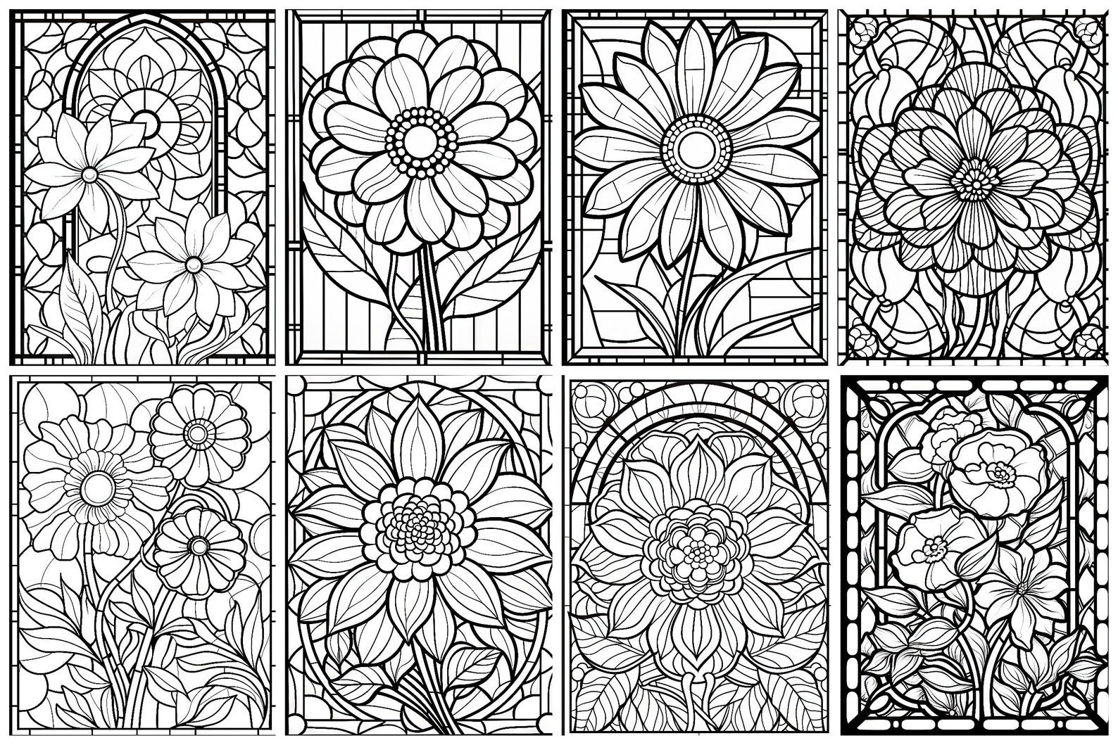 Stained Glass Coloring Pages Flower Theme - 40 Designs - Etsy