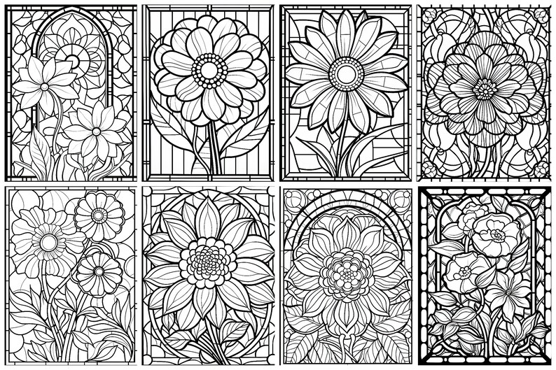 Stained Glass Coloring Pages Flower Theme - 40 Designs - Etsy