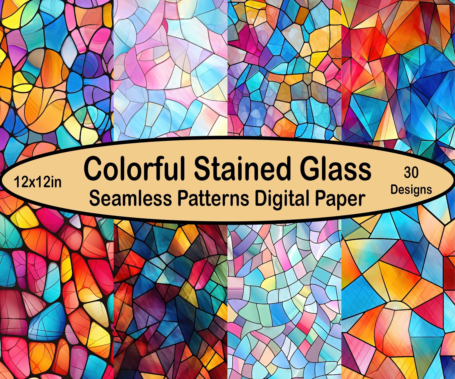 Abstract Stained Glass Pattern, Vibrant Colorful Digital Paper - Etsy