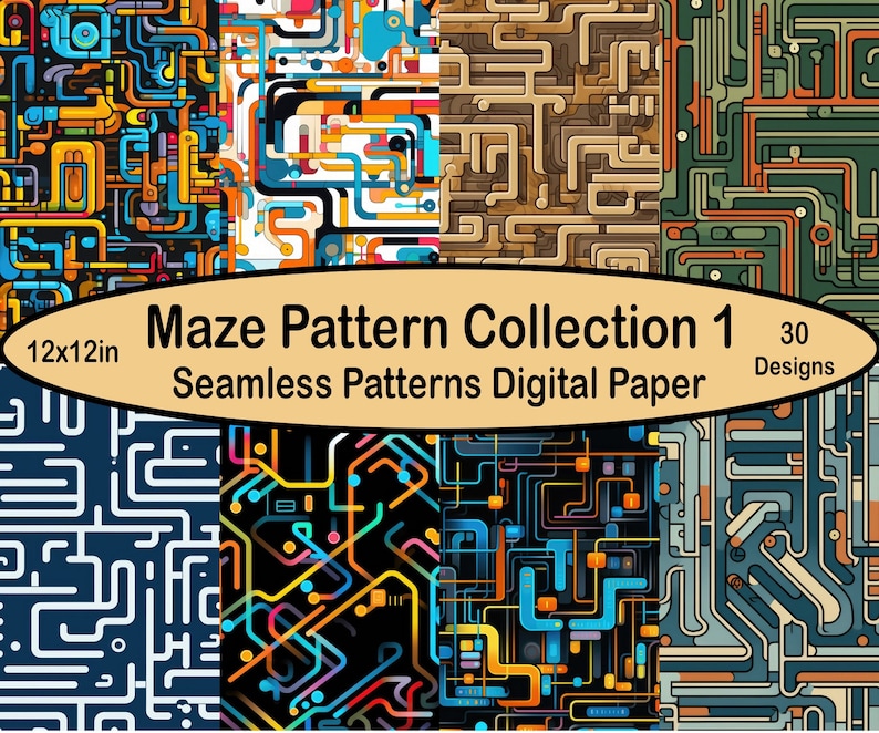 Abstract Circuit Maze Labyrinth Patterns Colorful Seamless Pack 1 - Etsy