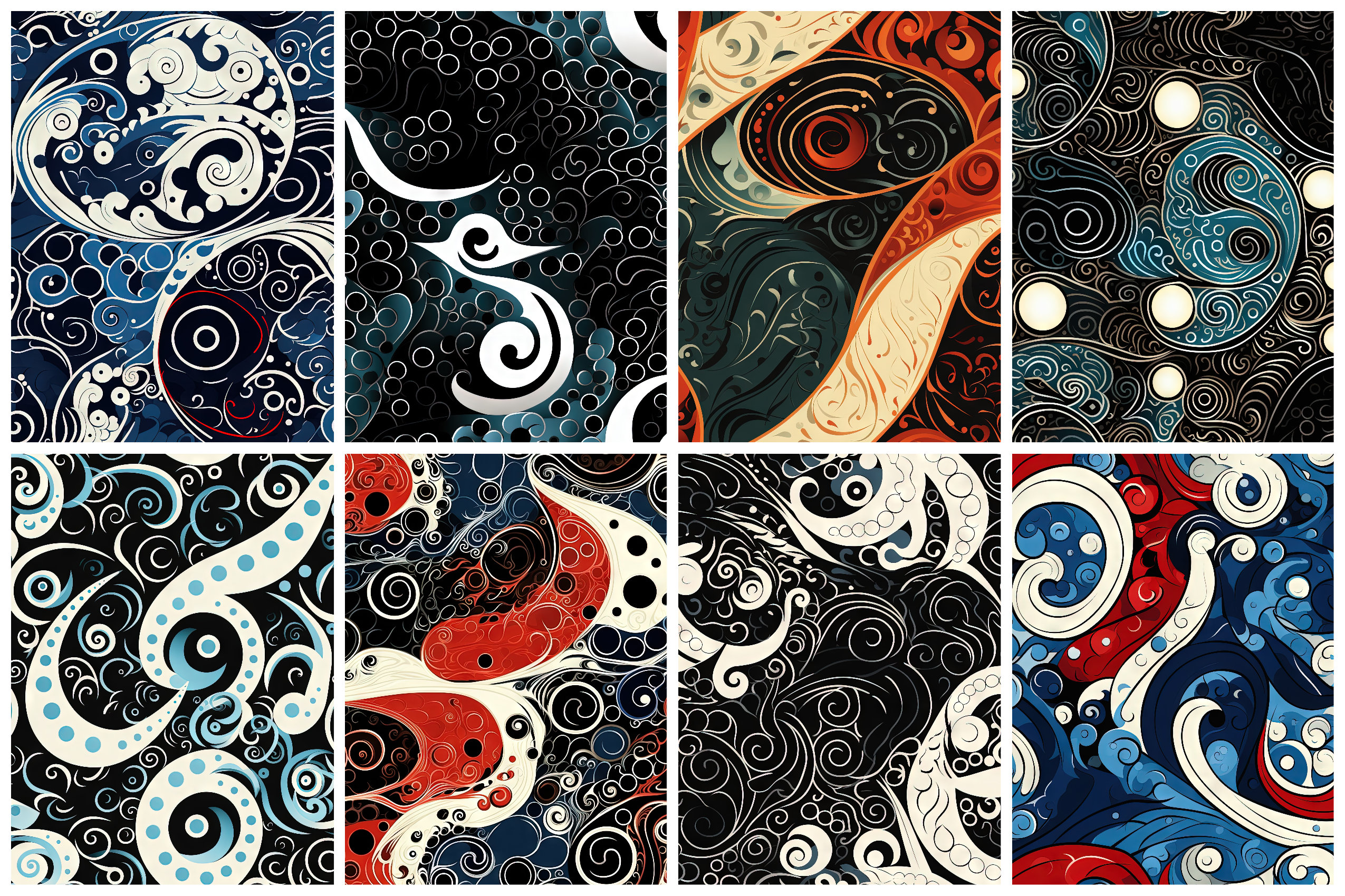Abstract Swirls and Waves Effect Illustrations, 24 Patterns, Seamless ...