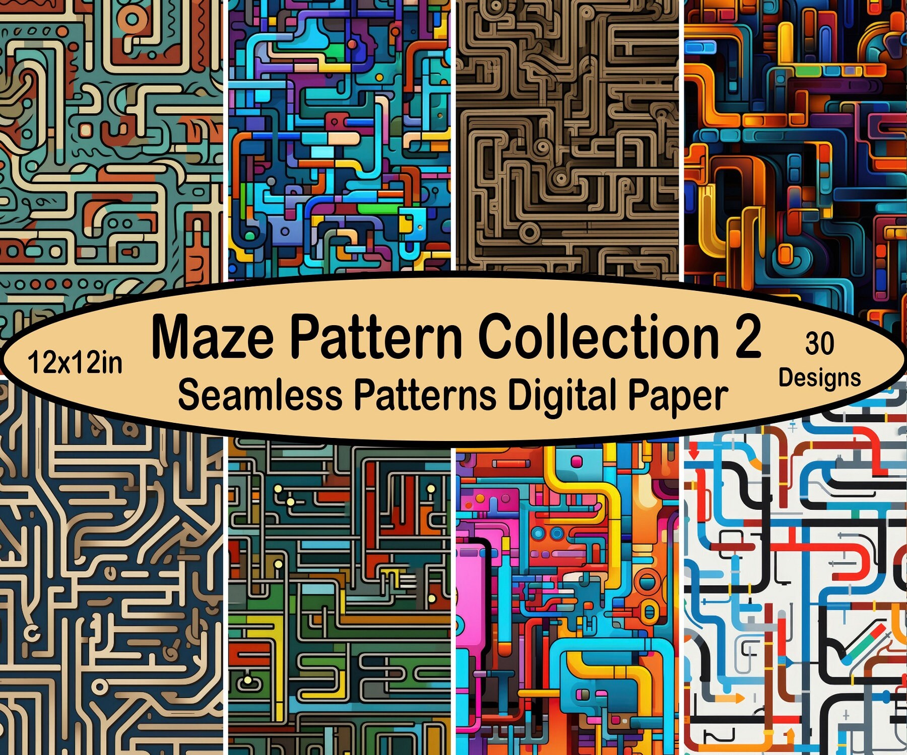 Abstract Circuit Maze Labyrinth Patterns Colorful Seamless Pack 2 - Etsy