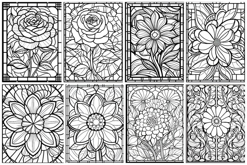 Stained Glass Coloring Pages Flower Theme - 40 Designs - Etsy