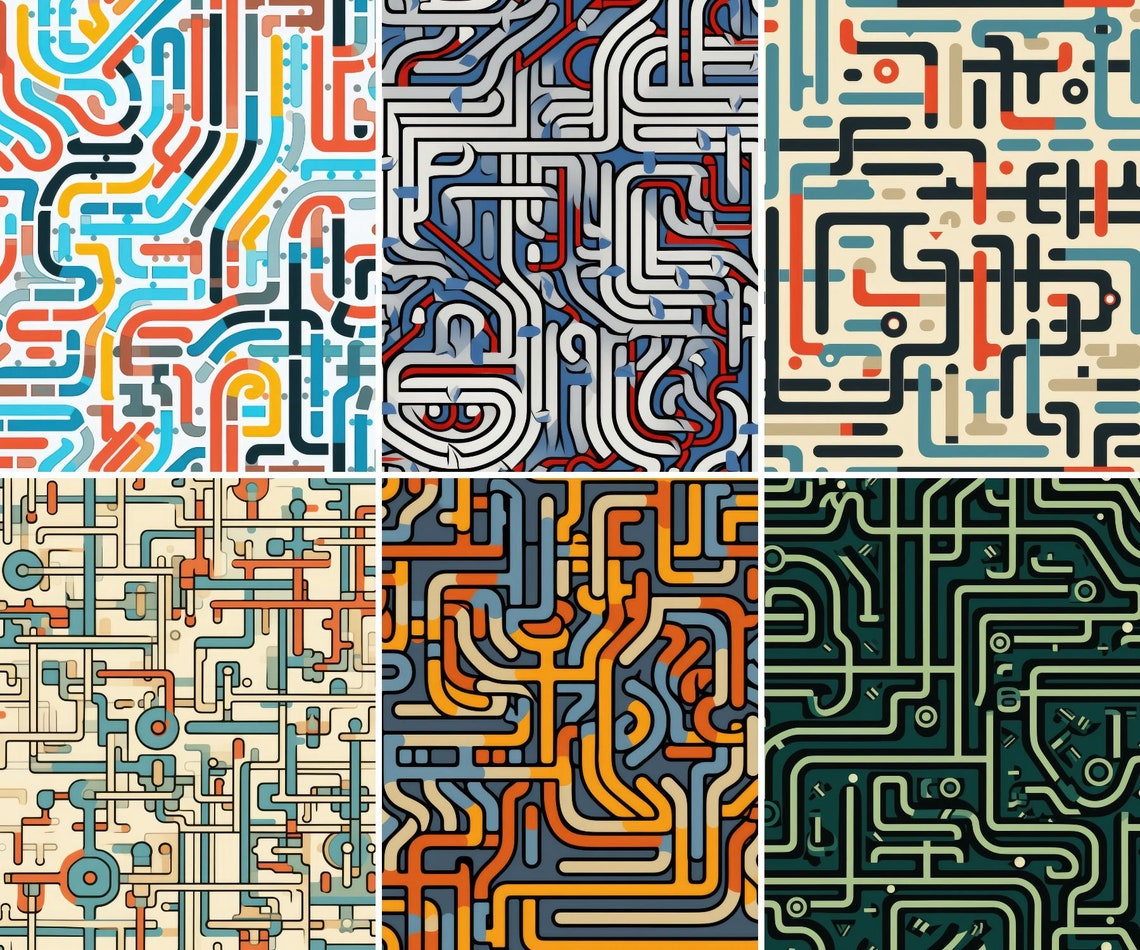 Abstract Circuit Maze Labyrinth Patterns Colorful Seamless Pack 2 - Etsy