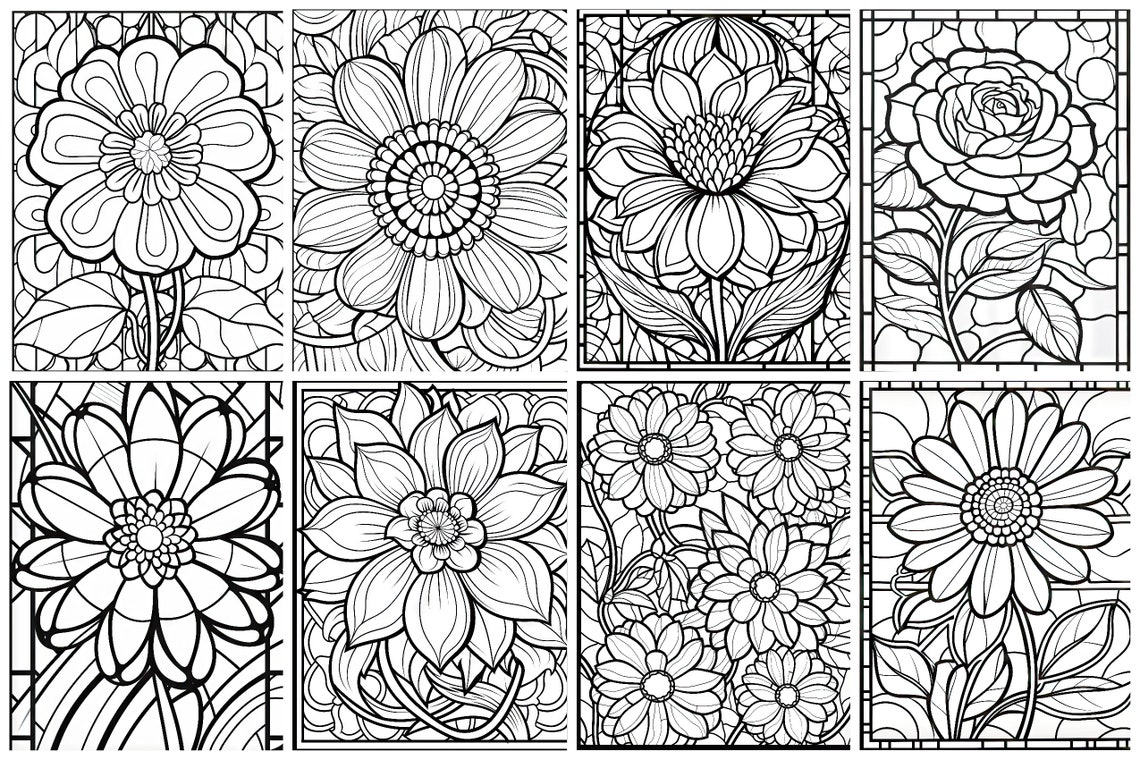 Stained Glass Coloring Pages Flower Theme - 40 Designs - Etsy