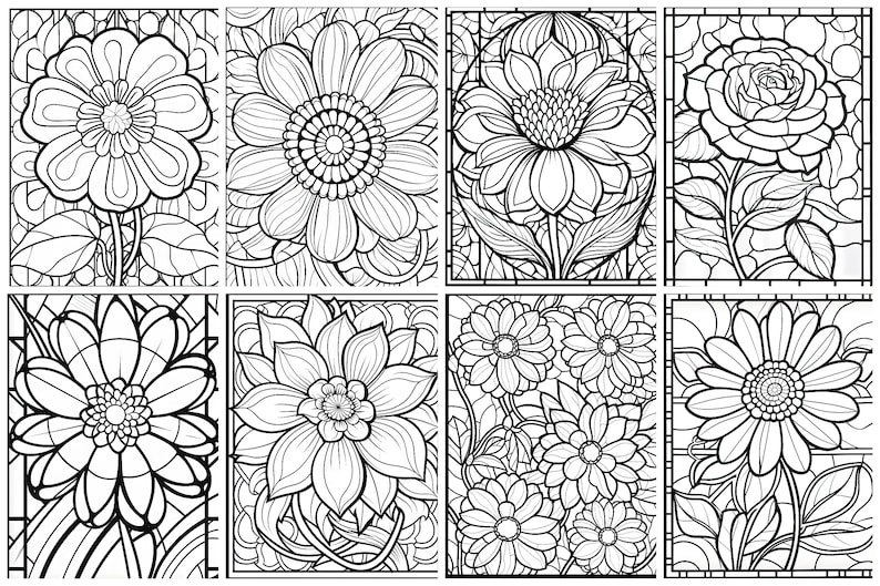 Stained Glass Coloring Pages Flower Theme - 40 Designs - Etsy