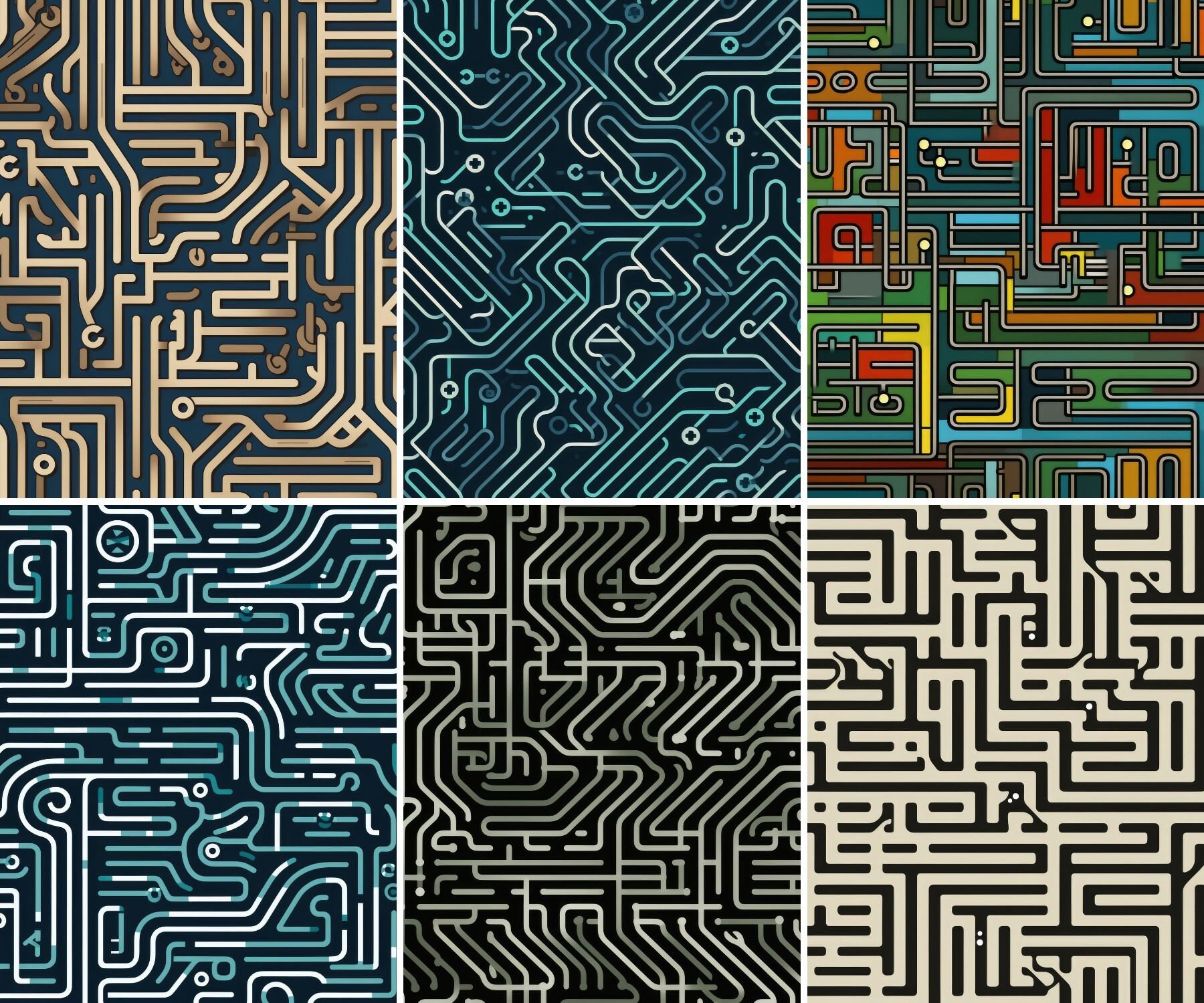 Abstract Circuit Maze Labyrinth Patterns Colorful Seamless Pack 2 - Etsy