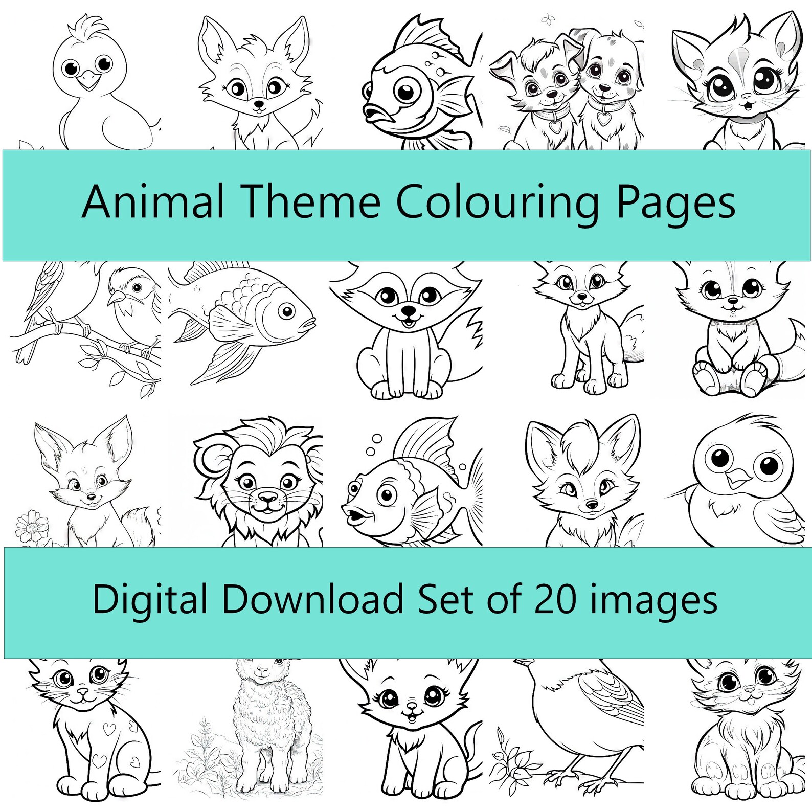 Animal Theme Colouring Pages - Set of 20 - Etsy