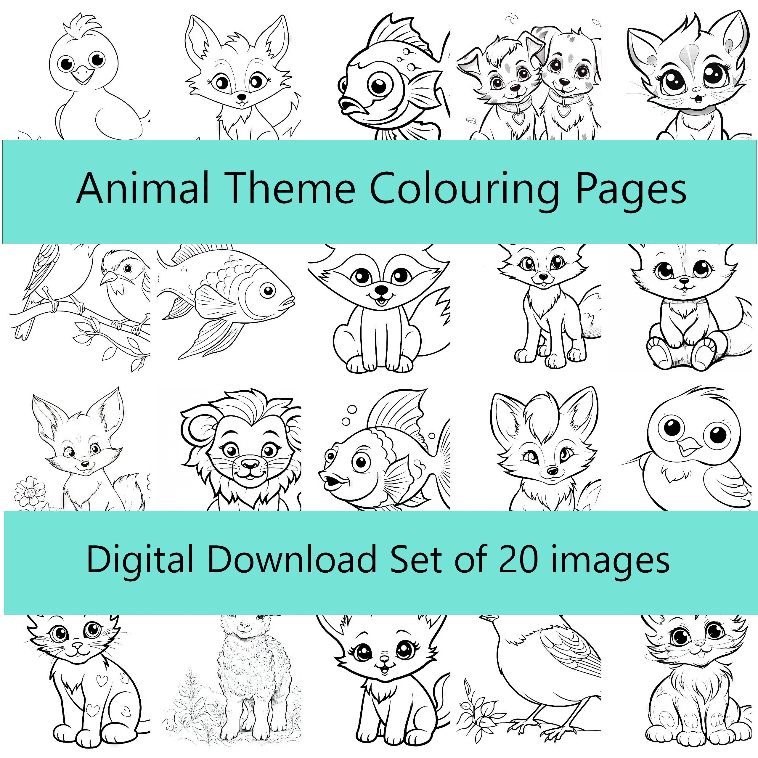 Animal Theme Colouring Pages - Set of 20 - Etsy