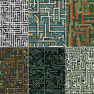 Abstract Circuit Maze Labyrinth Patterns Colorful Seamless Pack 1 - Etsy