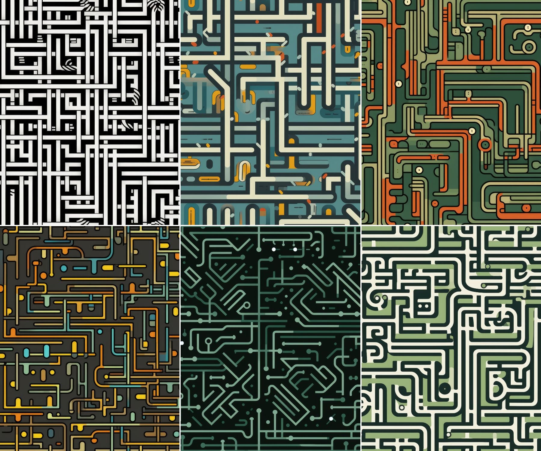 Abstract Circuit Maze Labyrinth Patterns Colorful Seamless Pack 1 - Etsy