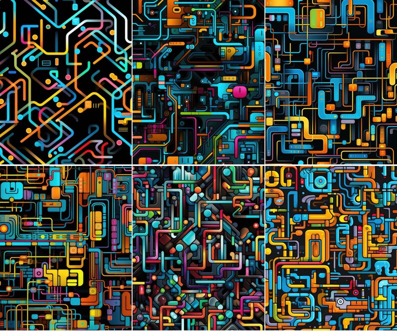 Abstract Circuit Maze Labyrinth Patterns Colorful Seamless Pack 1 - Etsy