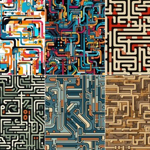 Abstract Circuit Maze Labyrinth Patterns Colorful Seamless Pack 1 - Etsy