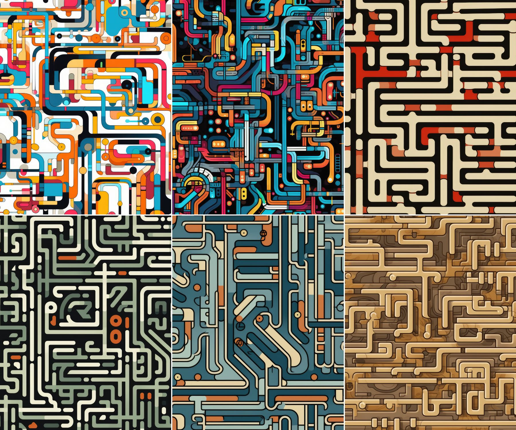 Abstract Circuit Maze Labyrinth Patterns Colorful Seamless Pack 1 - Etsy