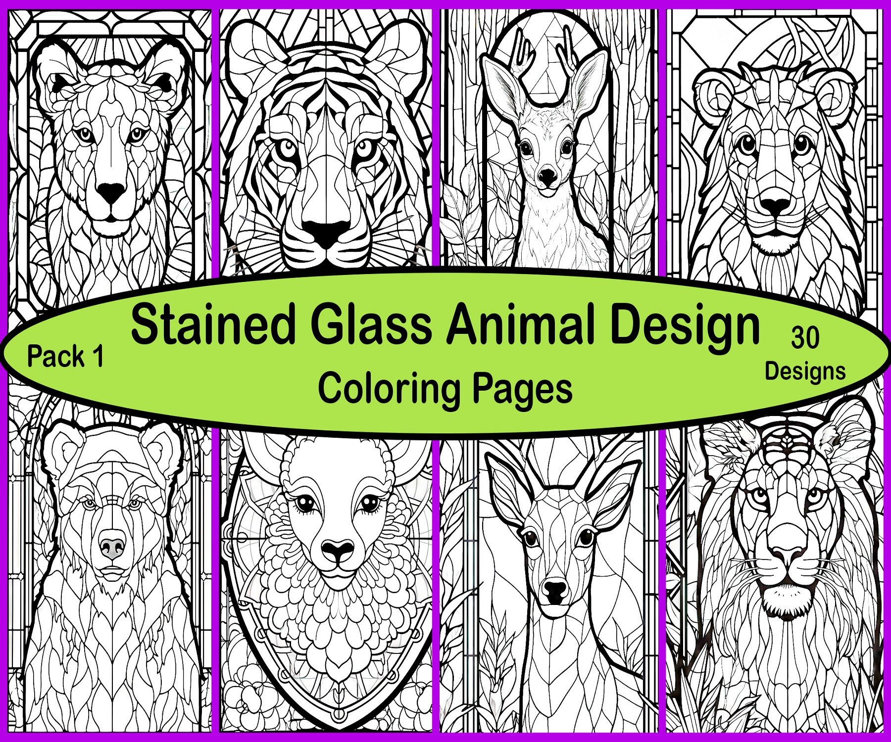 Stained Glass Coloring Pages Animal Theme - 30 Designs Pack1 - Etsy