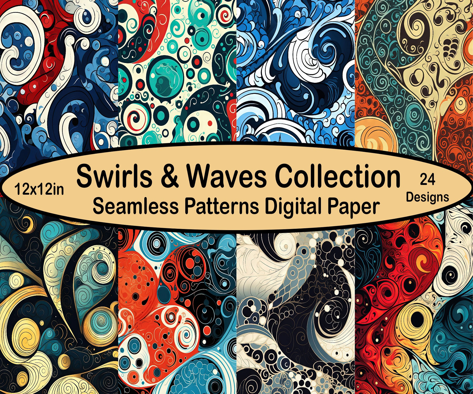Abstract Swirls and Waves Effect Illustrations, 24 Patterns, Seamless ...