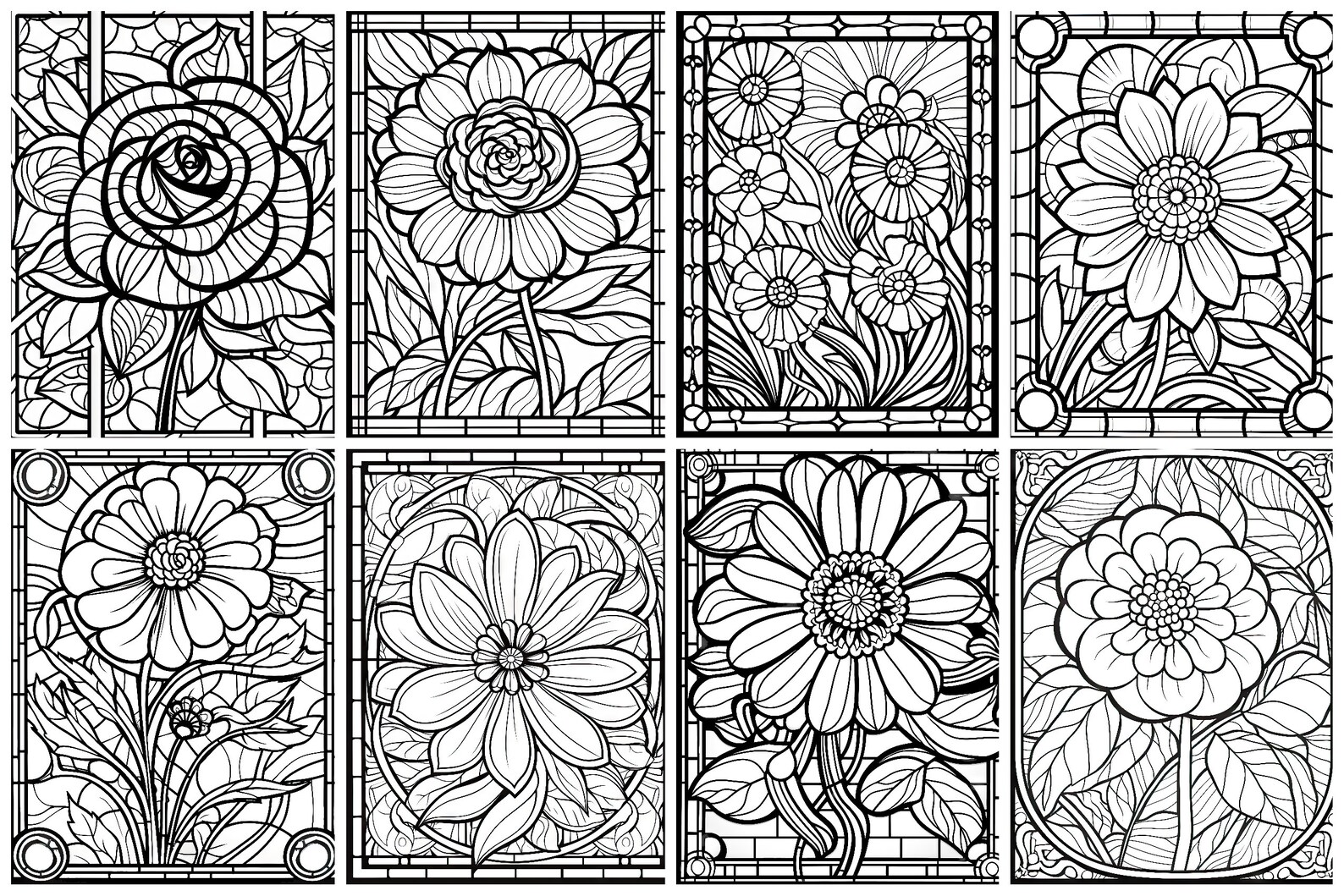 Stained Glass Coloring Pages Flower Theme - 40 Designs - Etsy