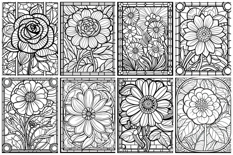 Stained Glass Coloring Pages Flower Theme - 40 Designs - Etsy