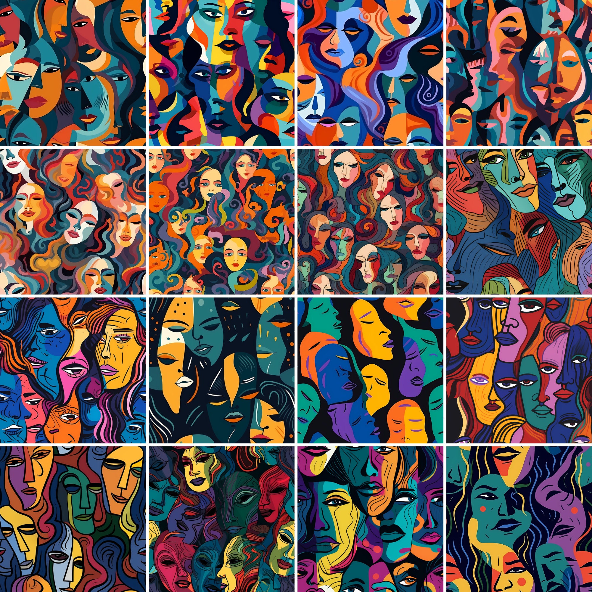 Faces: 16 Digital Images - Seamless Pattern, Colorful Abstract Feminine ...