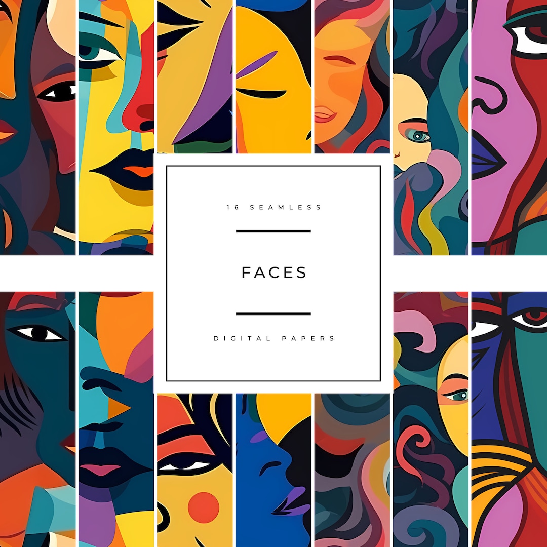 Faces: 16 Digital Images - Seamless Pattern, Colorful Abstract Feminine ...