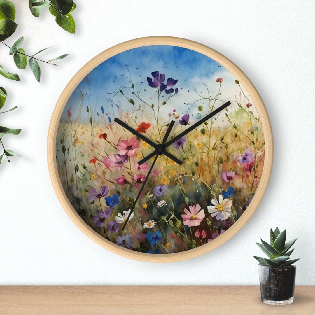 Wildflower Wall Clock, Battery Operated, 10 Blue Sky With Wildflowers ...