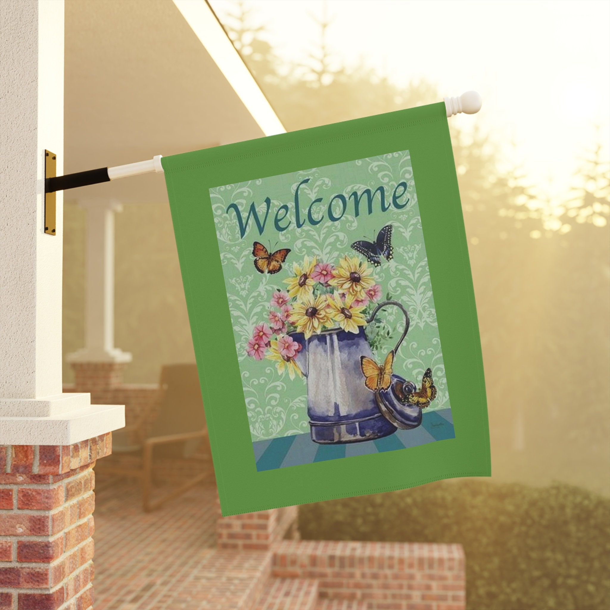 WELCOME Garden & House Banner, Cute Farmhouse Design, Watering Can With ...