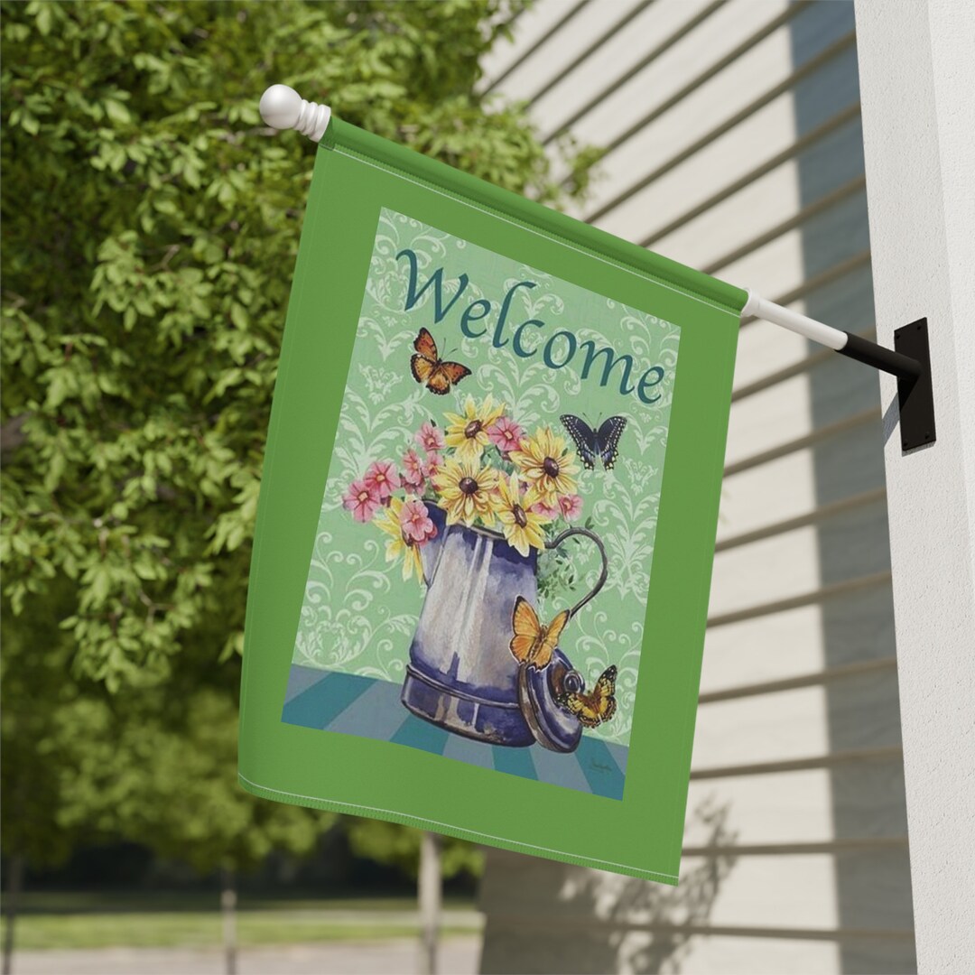 WELCOME Garden & House Banner, Cute Farmhouse Design, Watering Can With ...