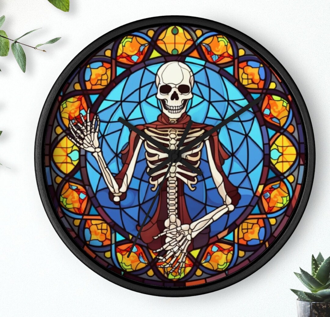 Halloween Wall Clock, Skeleton Halloween Clock on Stained Glass Design ...