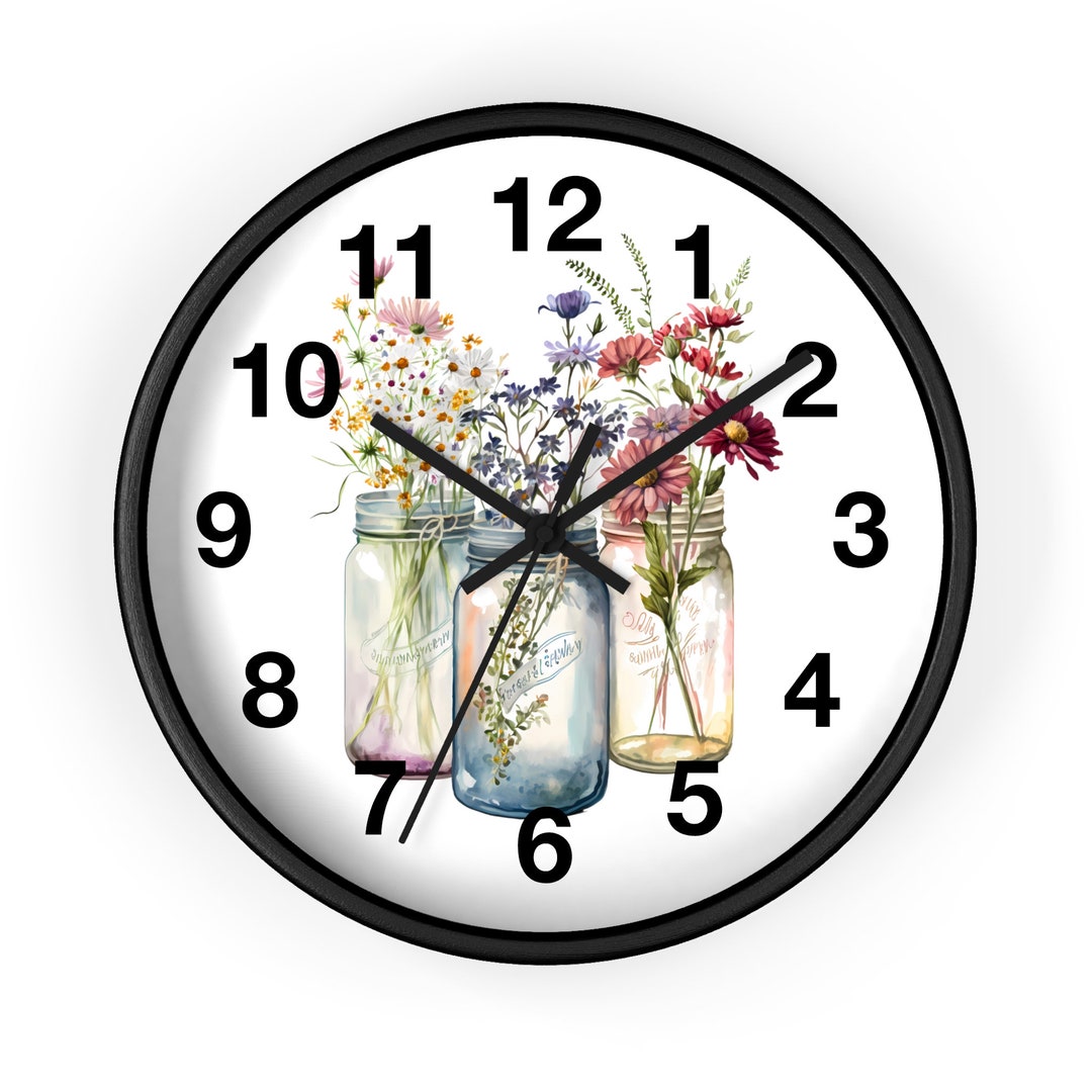 Wall Clock With Wildflowers in 3 Jars, Farmhouse Style Wall Clock, Fall ...