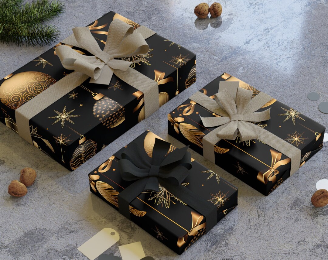 Gift Wrapping Paper, Metallic Gold and Black Ornament Wrapping Paper ...