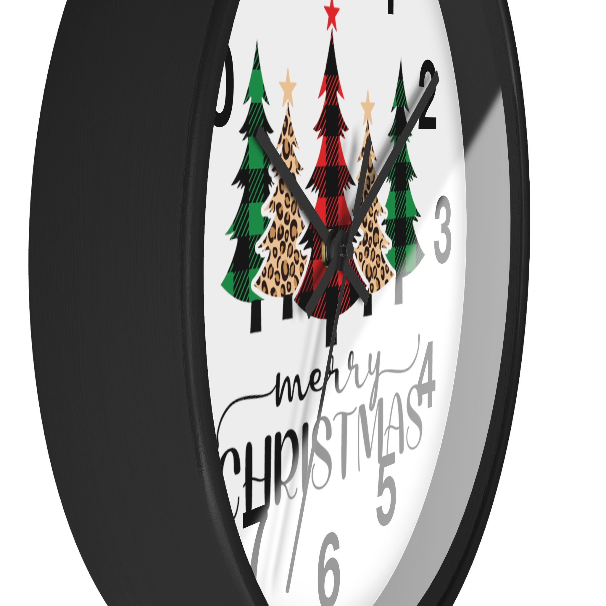 Christmas Wall Clock With 5 Christmas Trees in Black, White Orwooden ...
