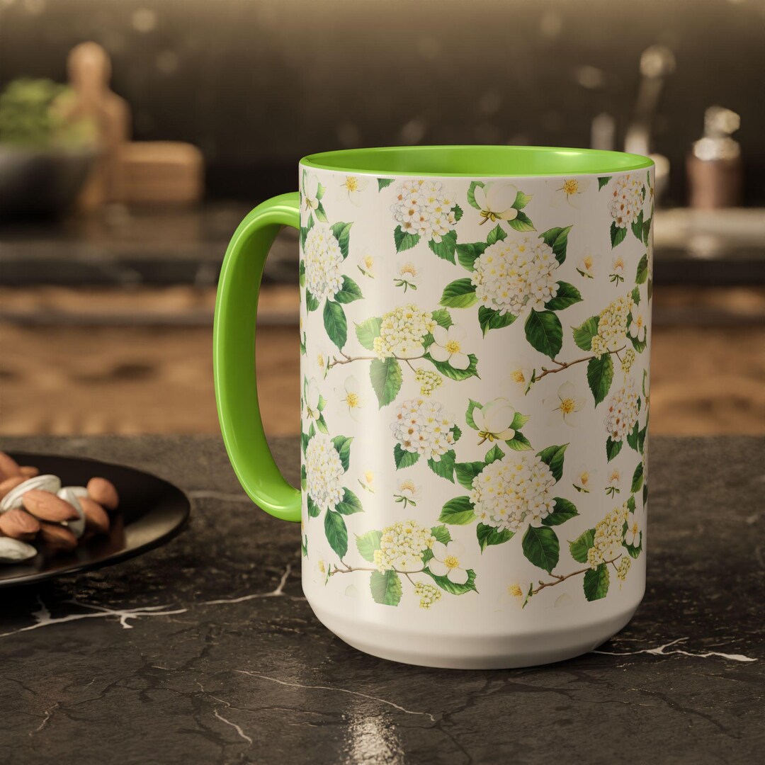 Hydrangea Floral Green Interior Mug, Colorful Flower Coffee Cup ...