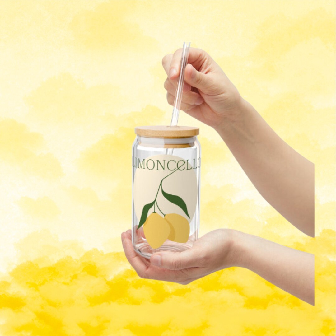 Water Glass Sipper Limoncello Glass, 16oz, Bamboo Lid and Straw ...