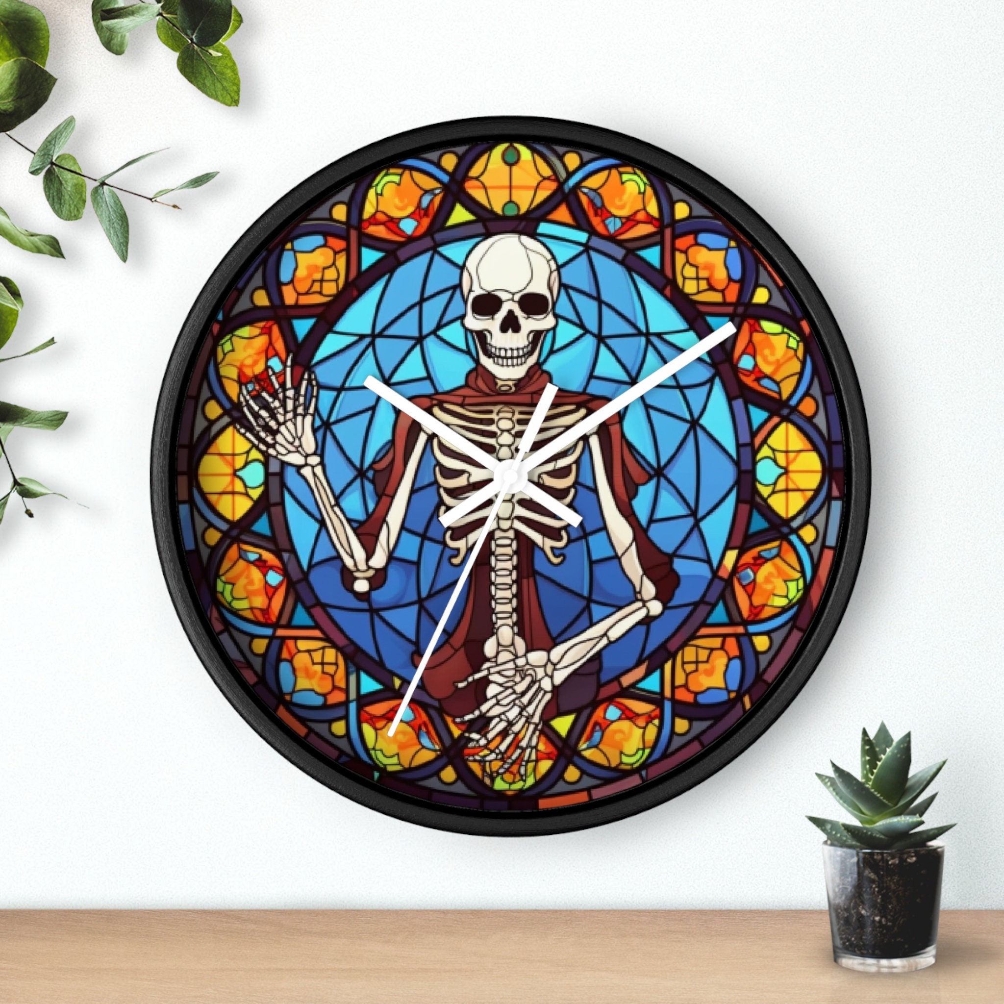 Halloween Wall Clock, Skeleton Halloween Clock on Stained Glass Design ...