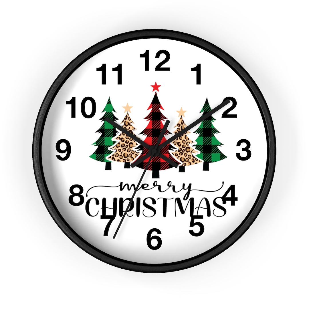 Christmas Wall Clock With 5 Christmas Trees in Black, White Orwooden ...