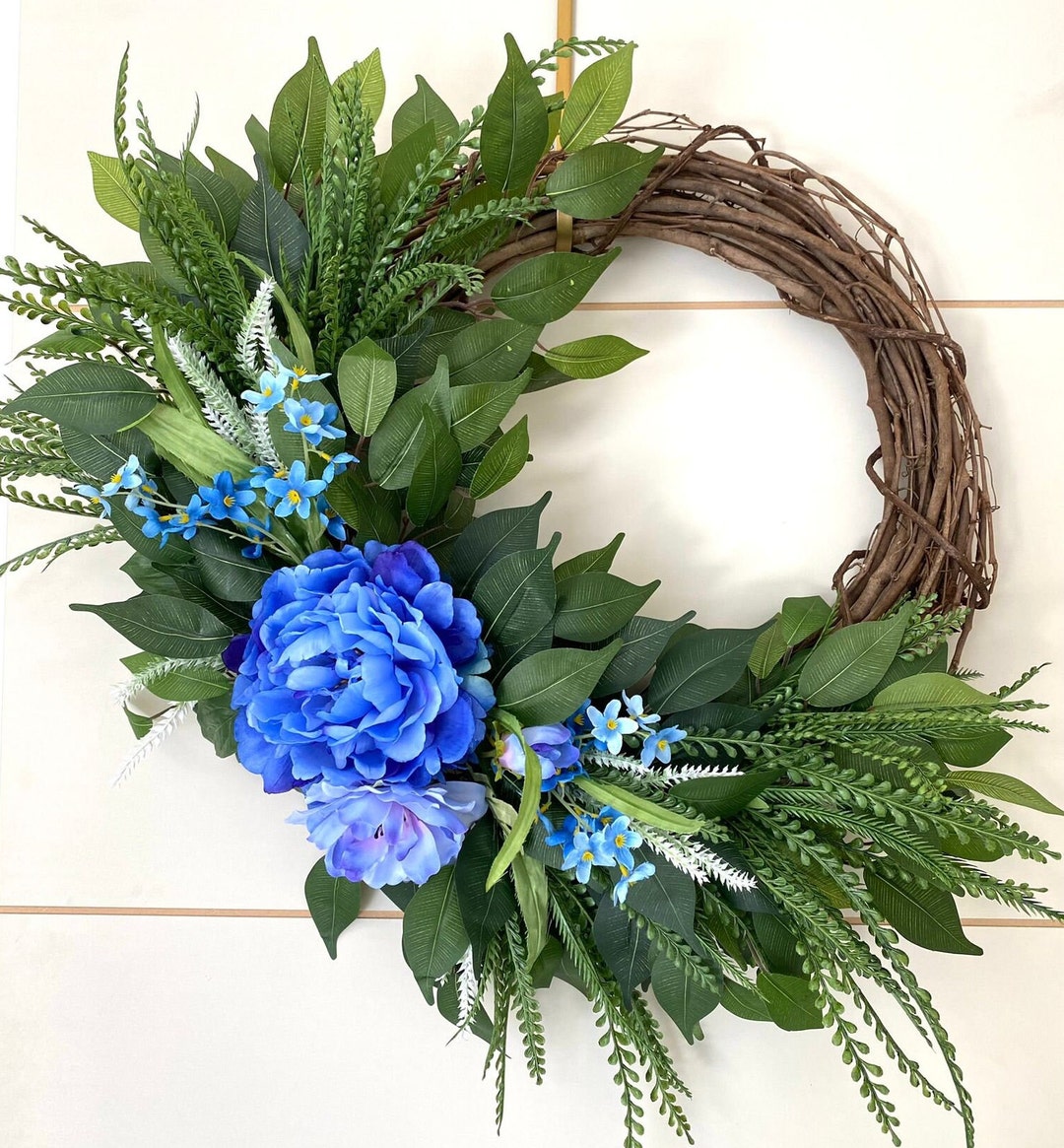 20 Inch Blue Floral Grapevine Wreath | Peony, Ficus and Wild Blossoms ...